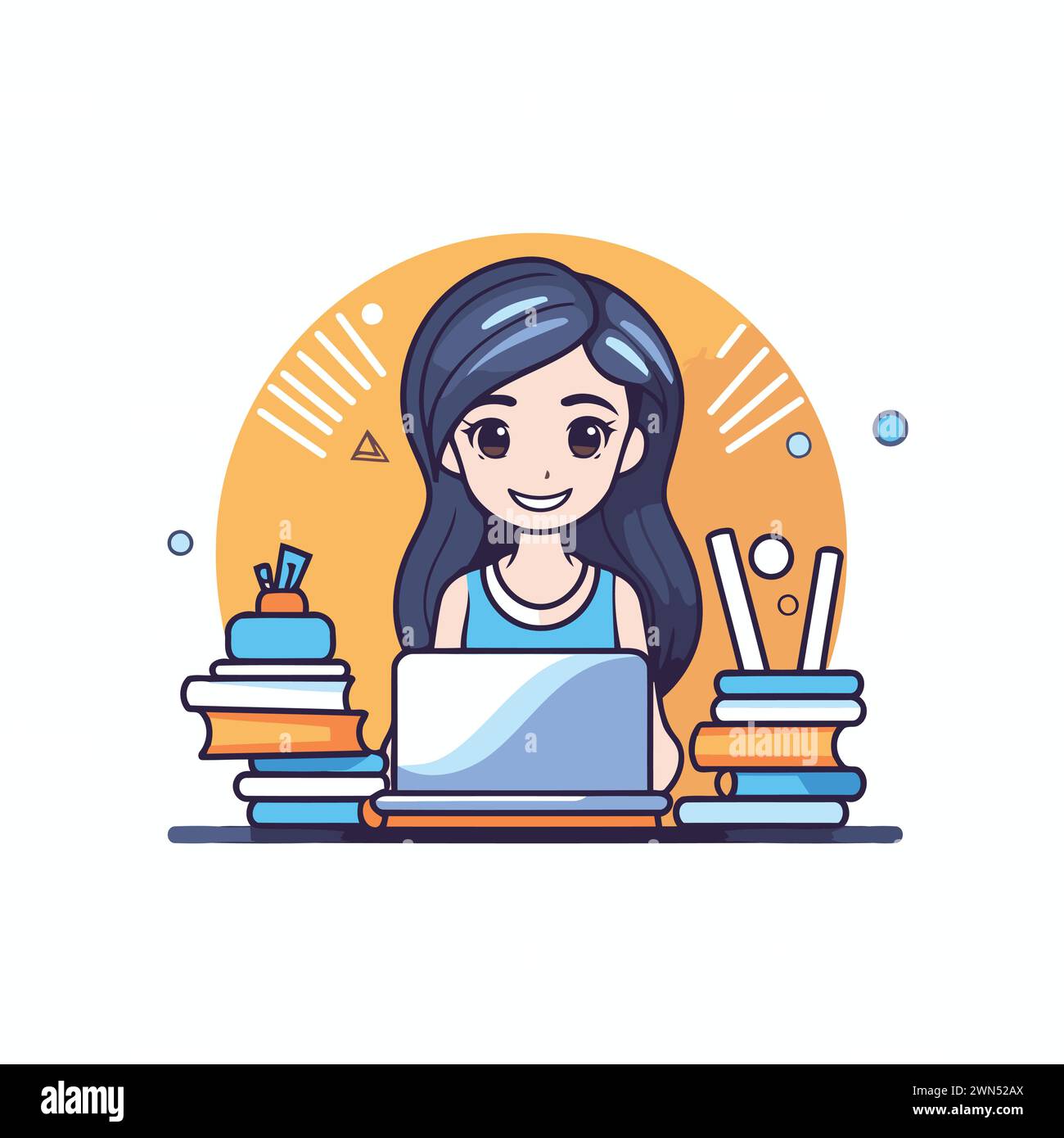 Cute girl with laptop and books. Vector illustration in cartoon style ...