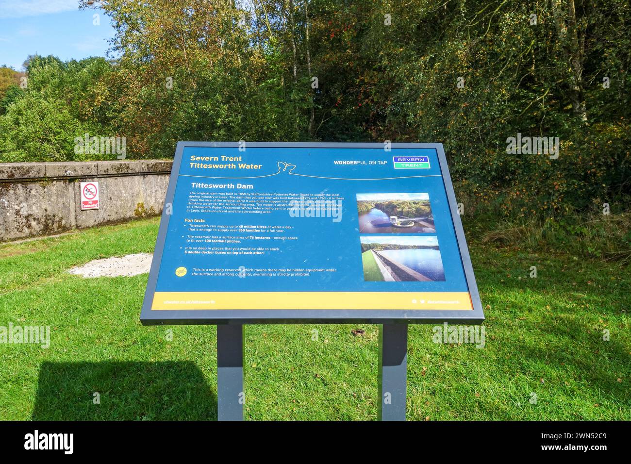 A notice board explaining how the dam was made at Tittesworth reservoir ...