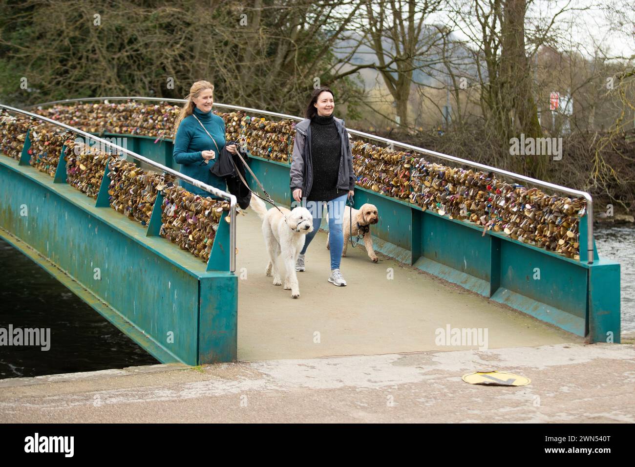 24/03/21 Claire and Sam walk Bailey and Bumble over the footbridge. The ...