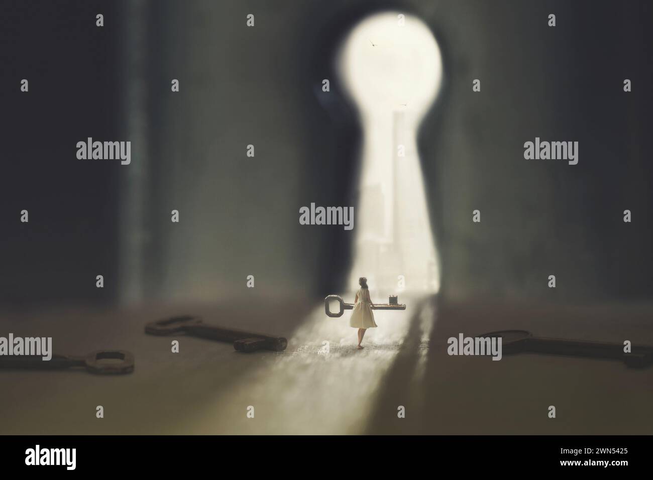 woman walks carrying a key to open an exit through a lock Stock Photo ...