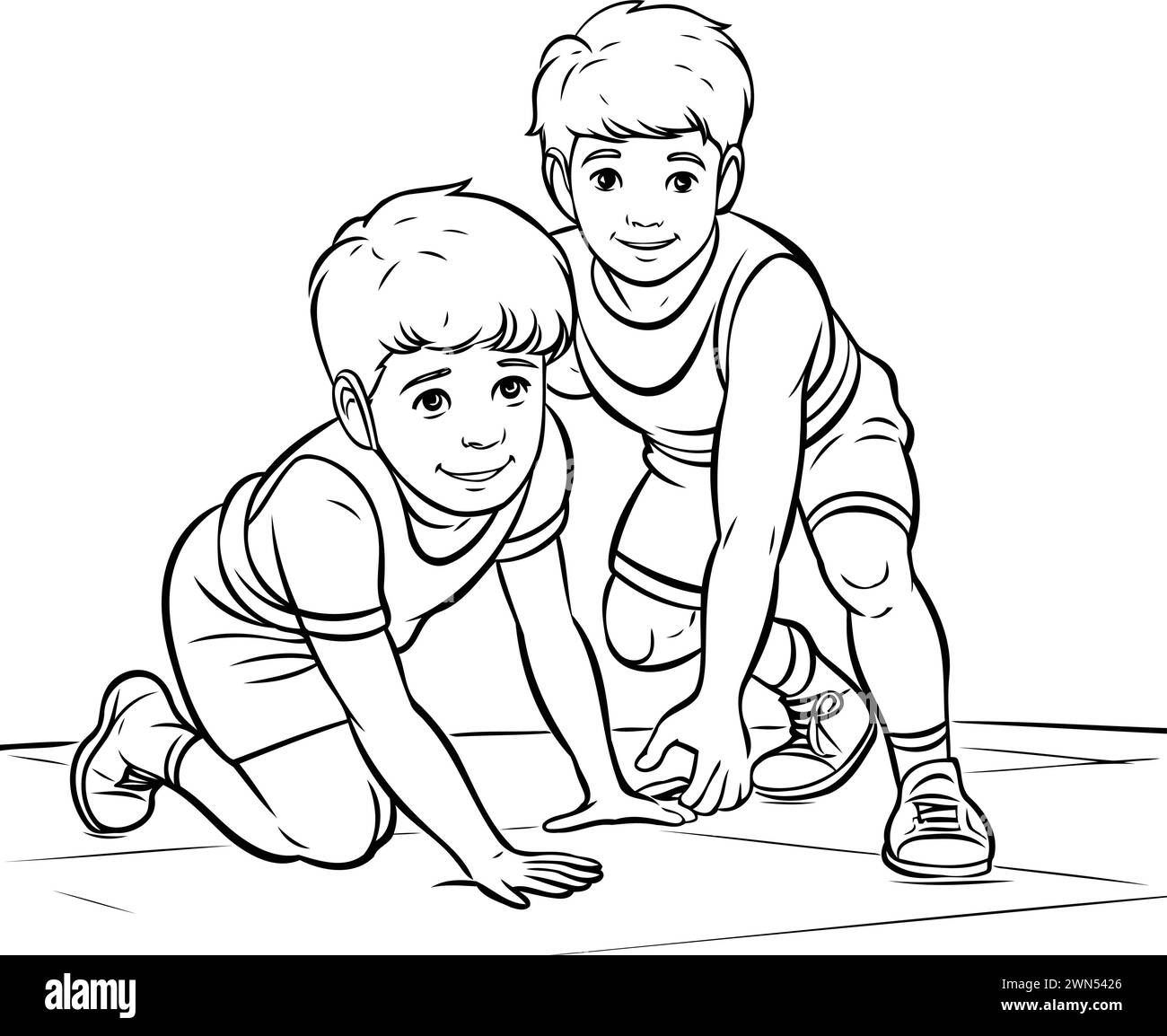 Vector illustration of two boys doing push-ups on the floor Stock ...