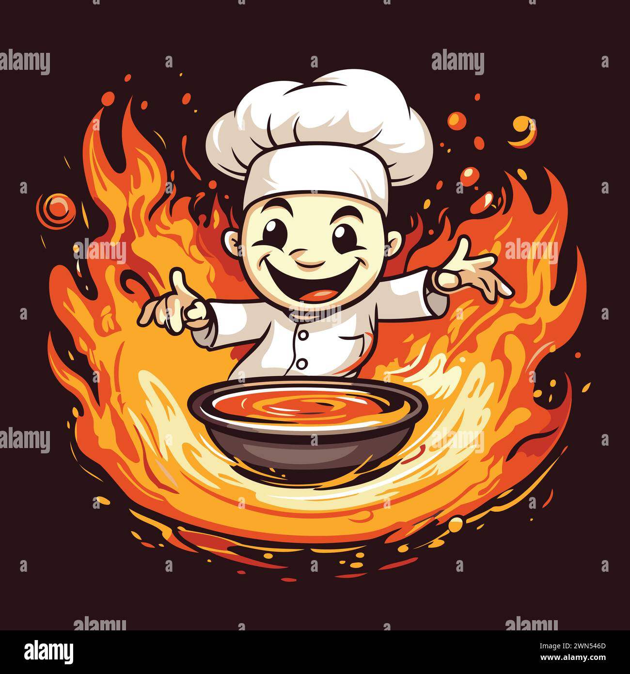 Chef with bowl of soup on fire background. Vector illustration Stock ...