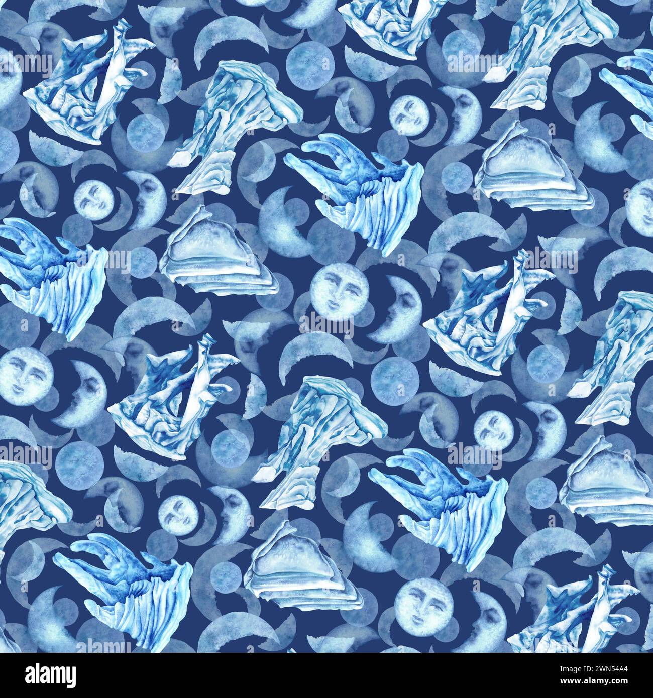 Watercolor seamless patterns with blue icebergs and magic moons for ...