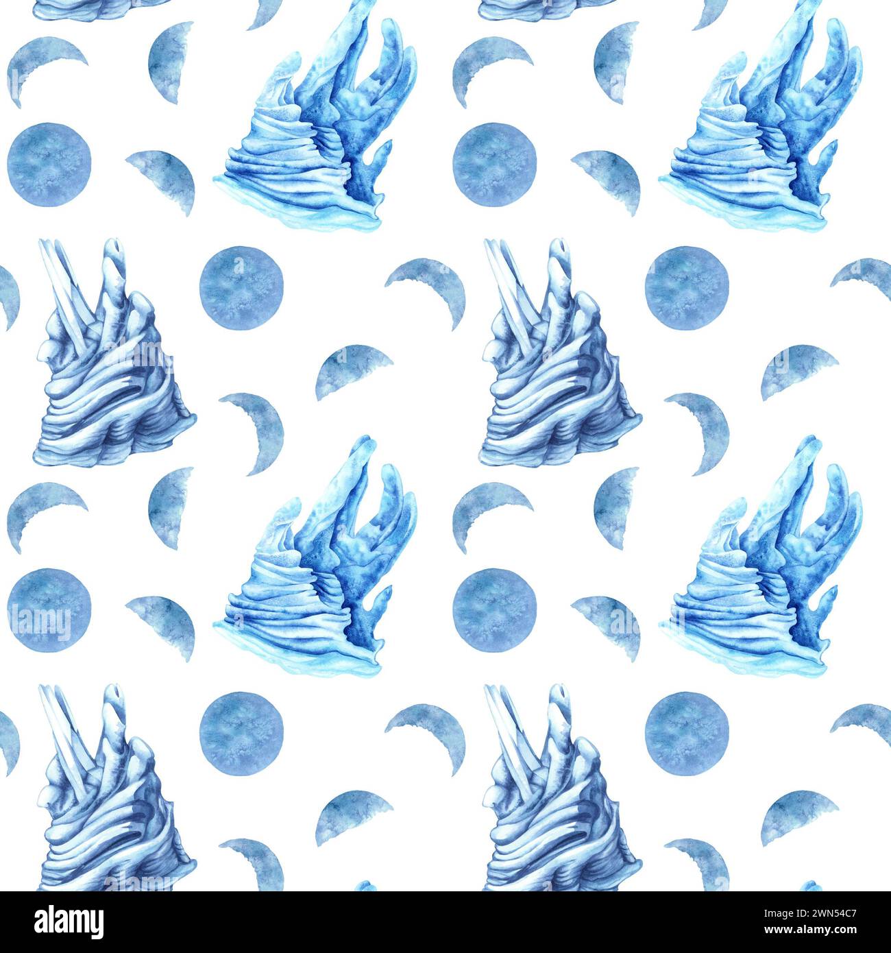 Watercolor seamless patterns with blue icebergs and magic moons for ...