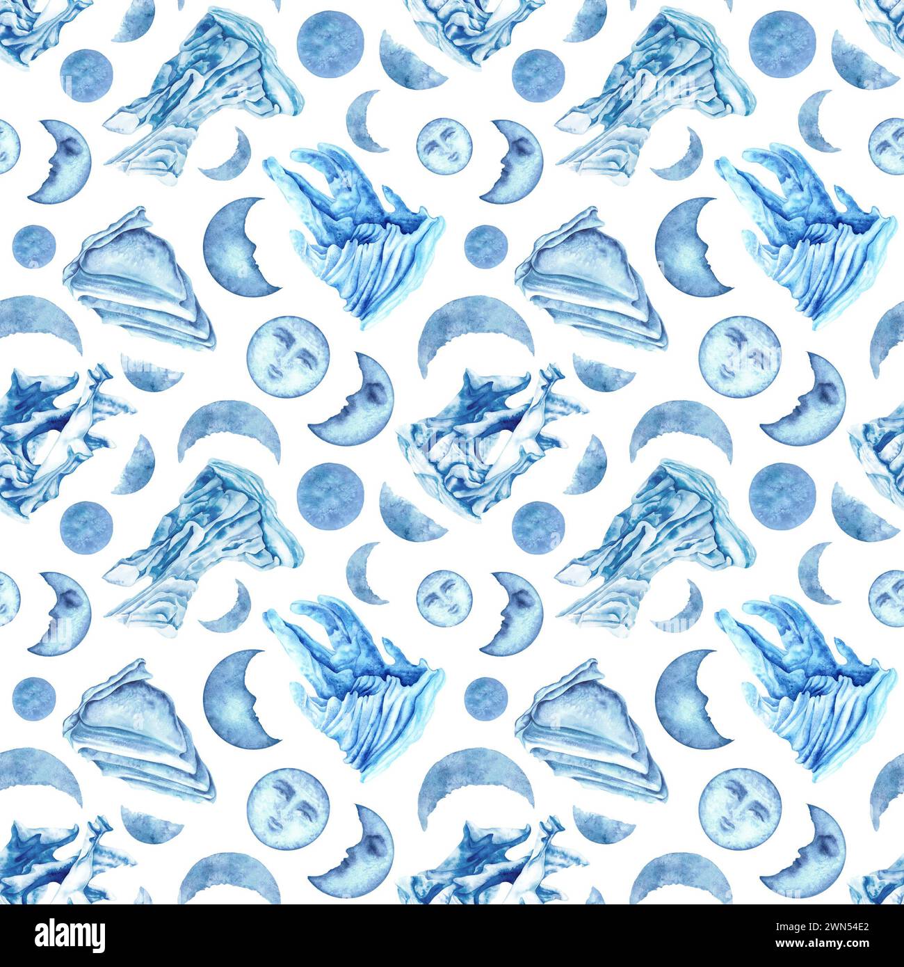 Watercolor seamless patterns with blue icebergs and magic moons for ...