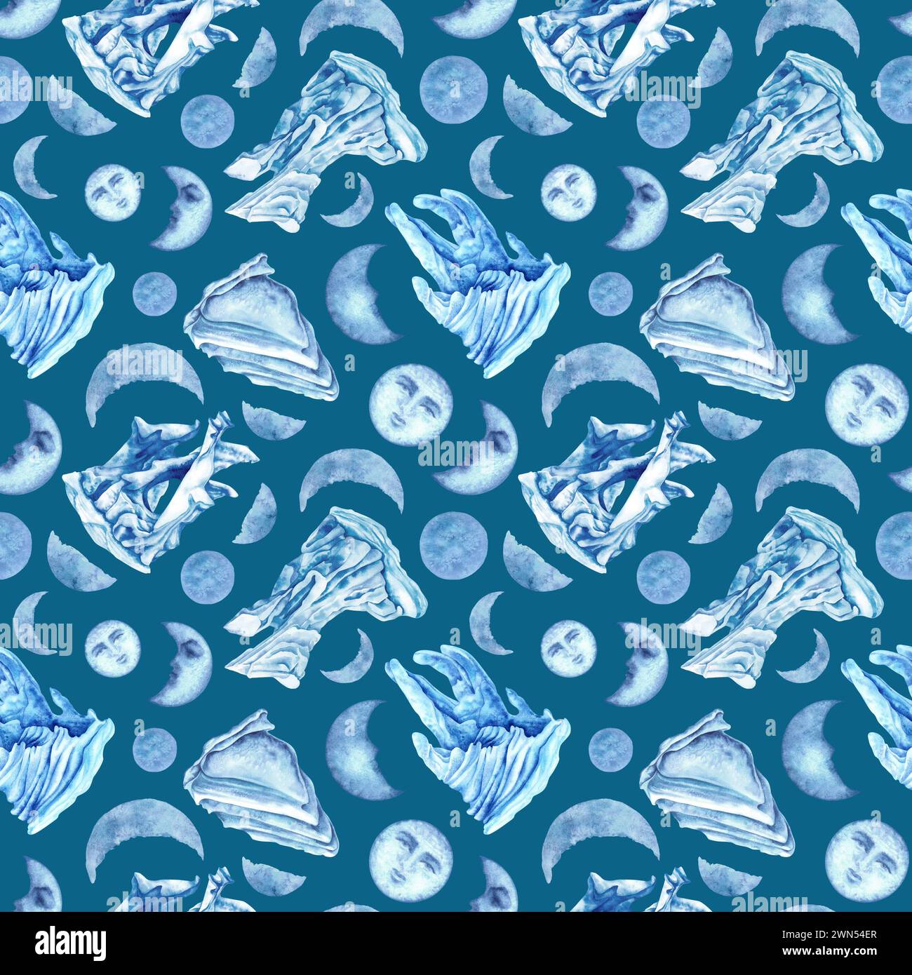 Watercolor seamless patterns with blue icebergs and magic moons for ...
