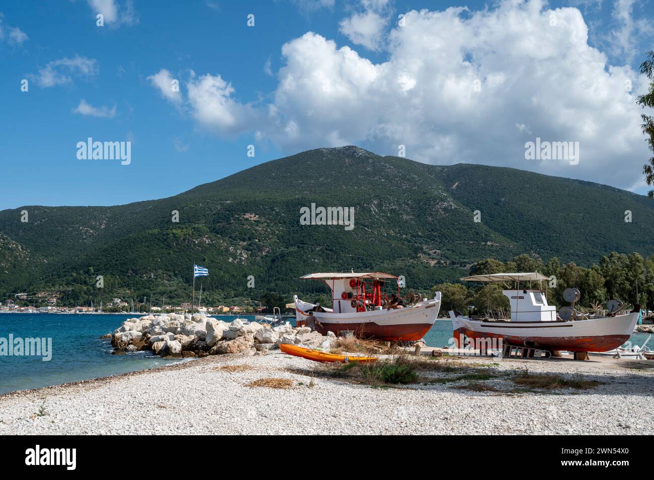 Traditional fishing boats by Sami Bay in the pretty fishing village of ...