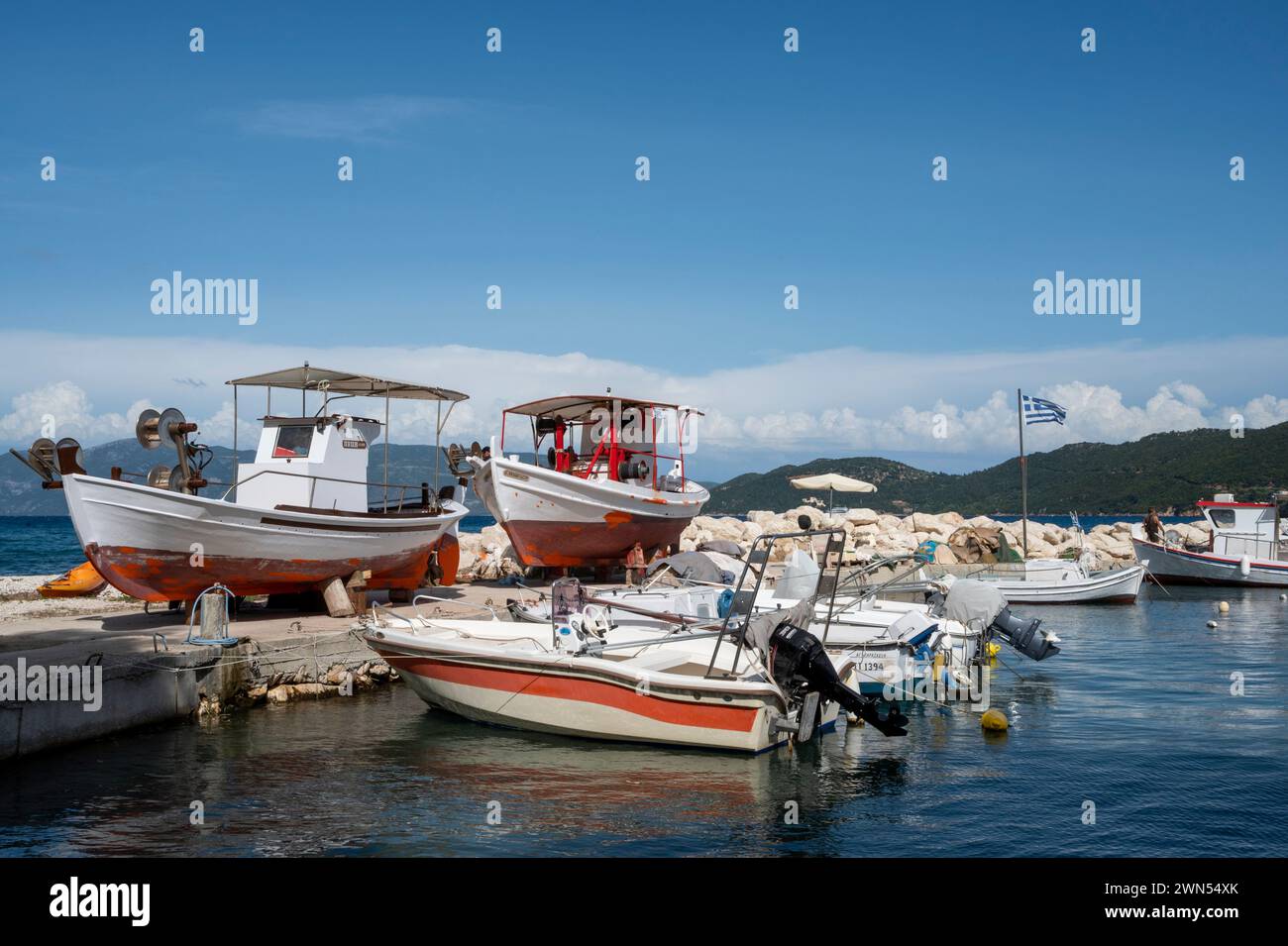 Traditional fishing boats by Sami Bay in the pretty fishing village of ...