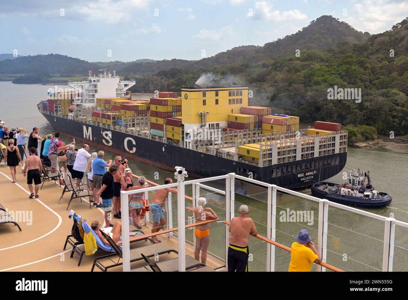 Panama Canal, Panama - 23 January 2024: Passengers on the top deck of a ...