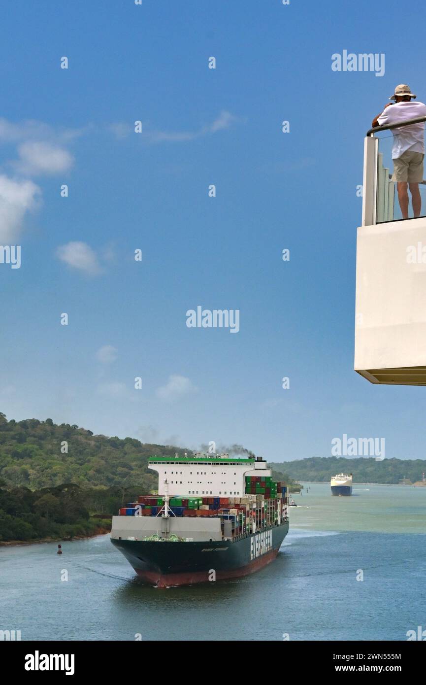 Panama Canal, Panama - 23 January 2024: Person on the top deck of a ...