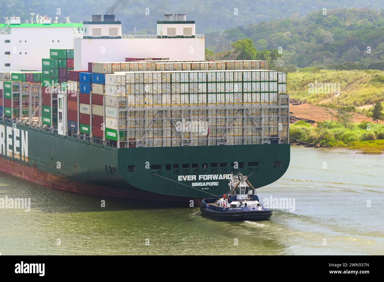 Panama Canal, Panama - 23 January 2024: Tug boat assisting the ...