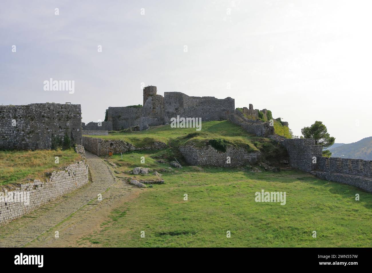 The walls of Rozafa Castle and its citadel in the lakeside town Shkoder ...