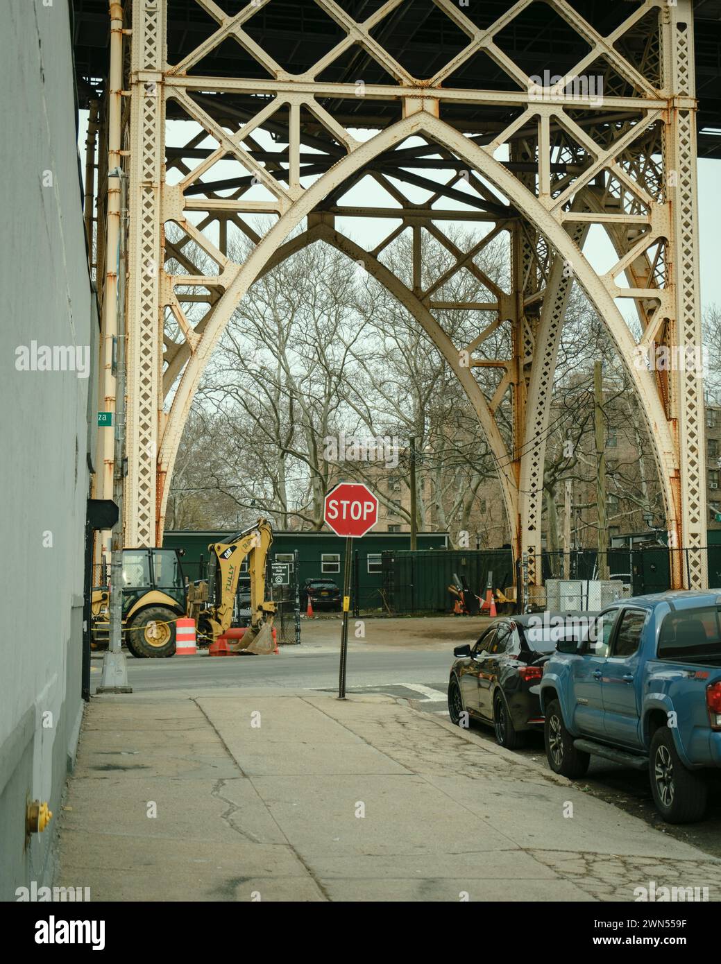 Stop sign and view under the Queensboro Bridge in Long Island City ...