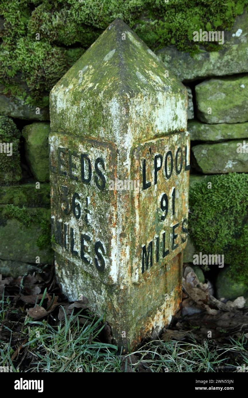 Mile post for distances to Leeds and Liverpool on the Leeds-Liverpool ...