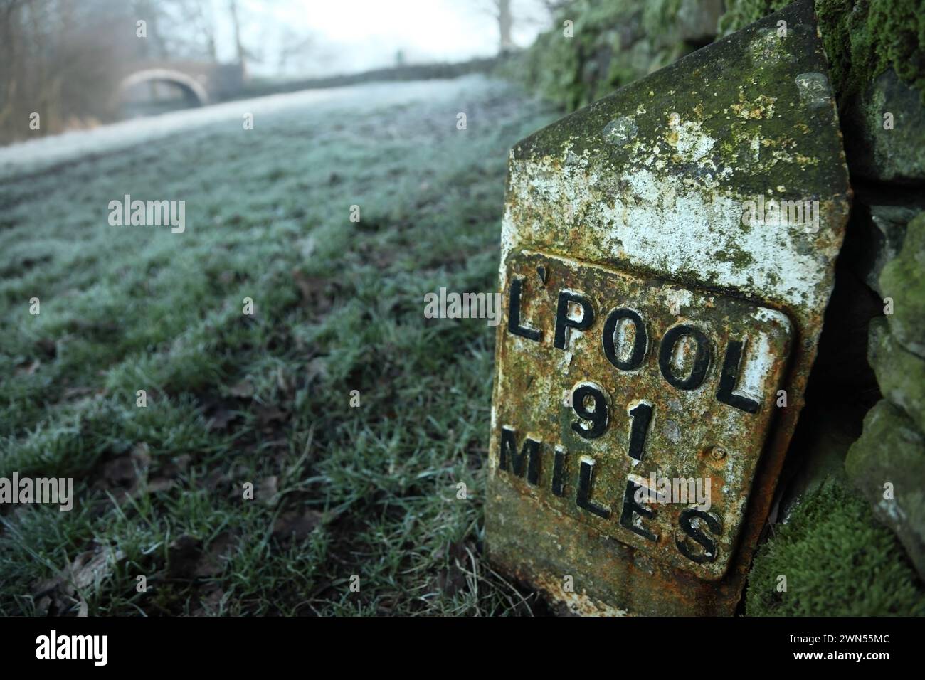 Mile post for 91 miles to Liverpool on the Leeds-Liverpool canal near Bank Newton, Gargrave ...