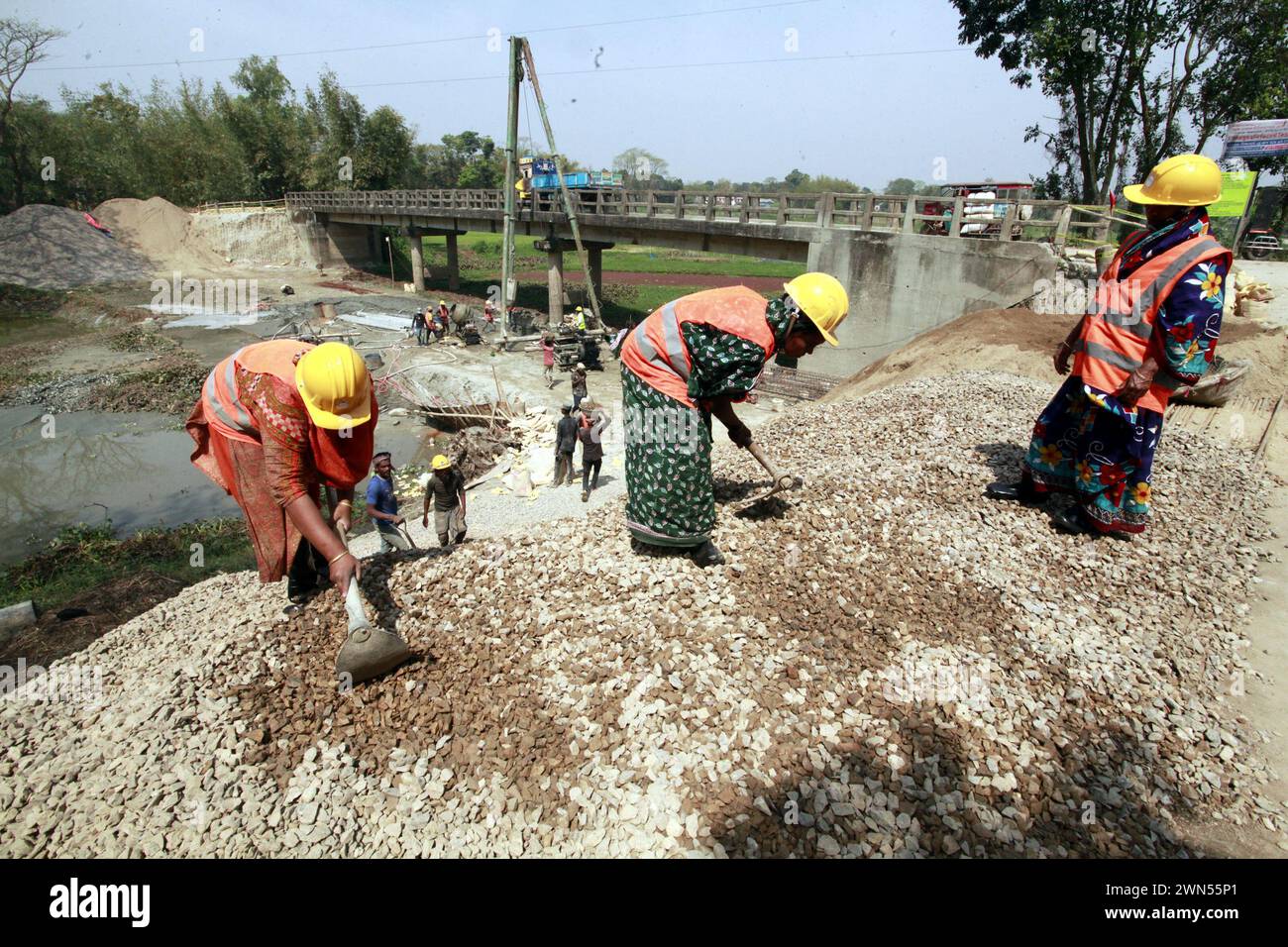 February 29, 2024, Dhaka, Bangladesh: Women bricklayers working in the rehabilitation of a ...