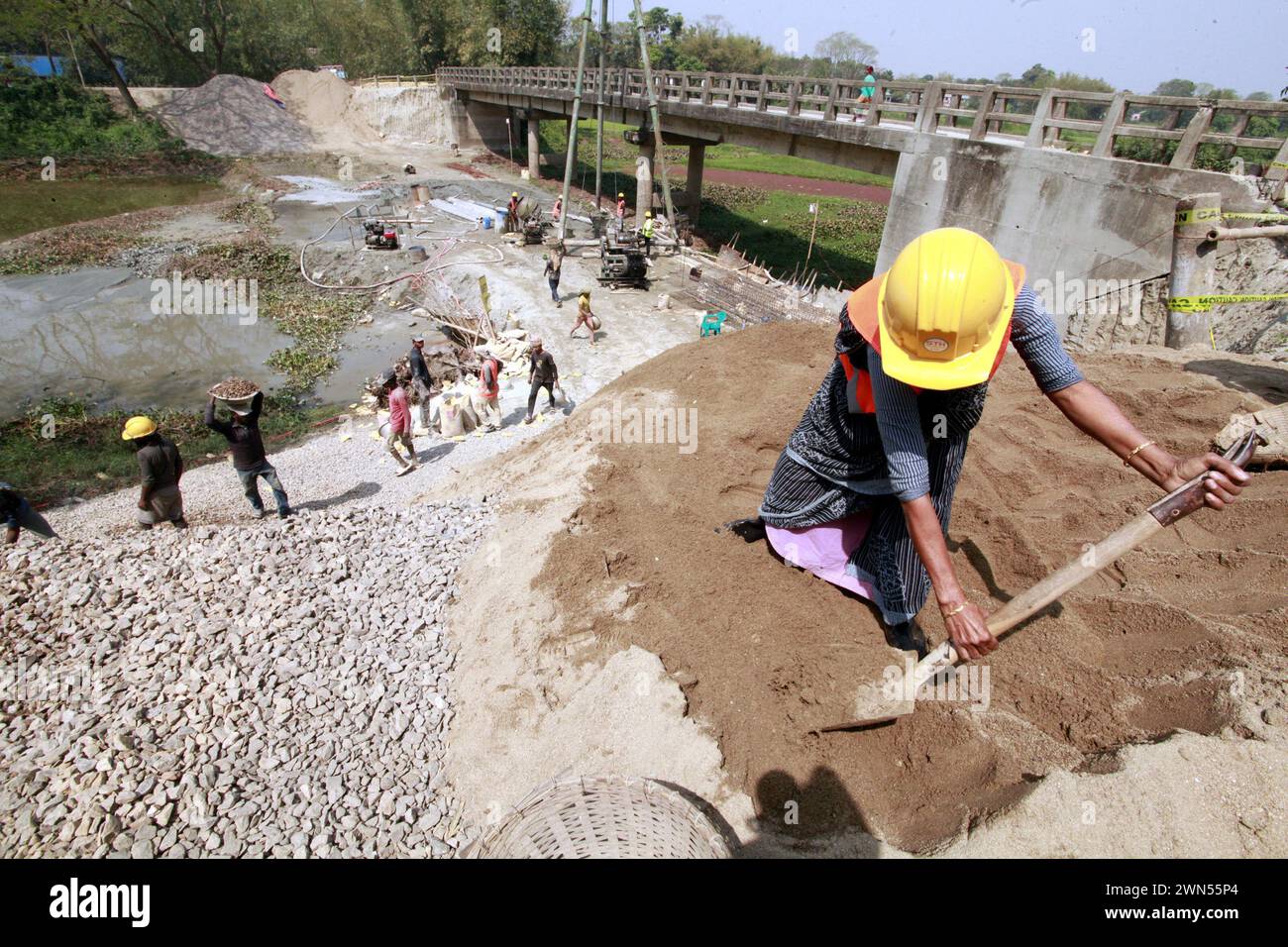 February 29, 2024, Dhaka, Bangladesh: Women bricklayers working in the rehabilitation of a ...