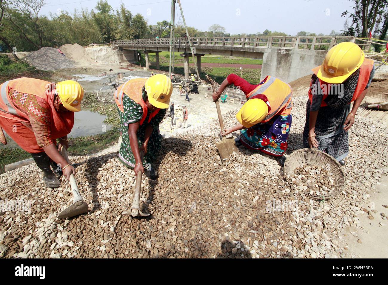 February 29, 2024, Dhaka, Bangladesh: Women bricklayers working in the ...