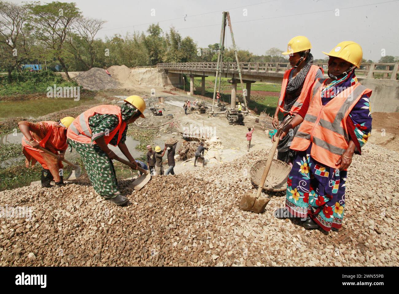 February 29, 2024, Dhaka, Bangladesh: Women bricklayers working in the ...
