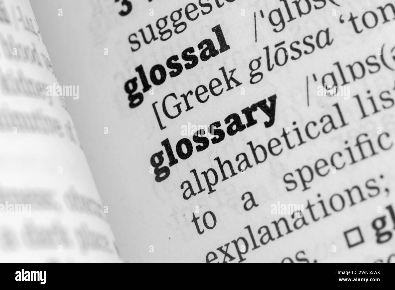 Glossary Dictionary Definitione single word close up Stock Photo - Alamy