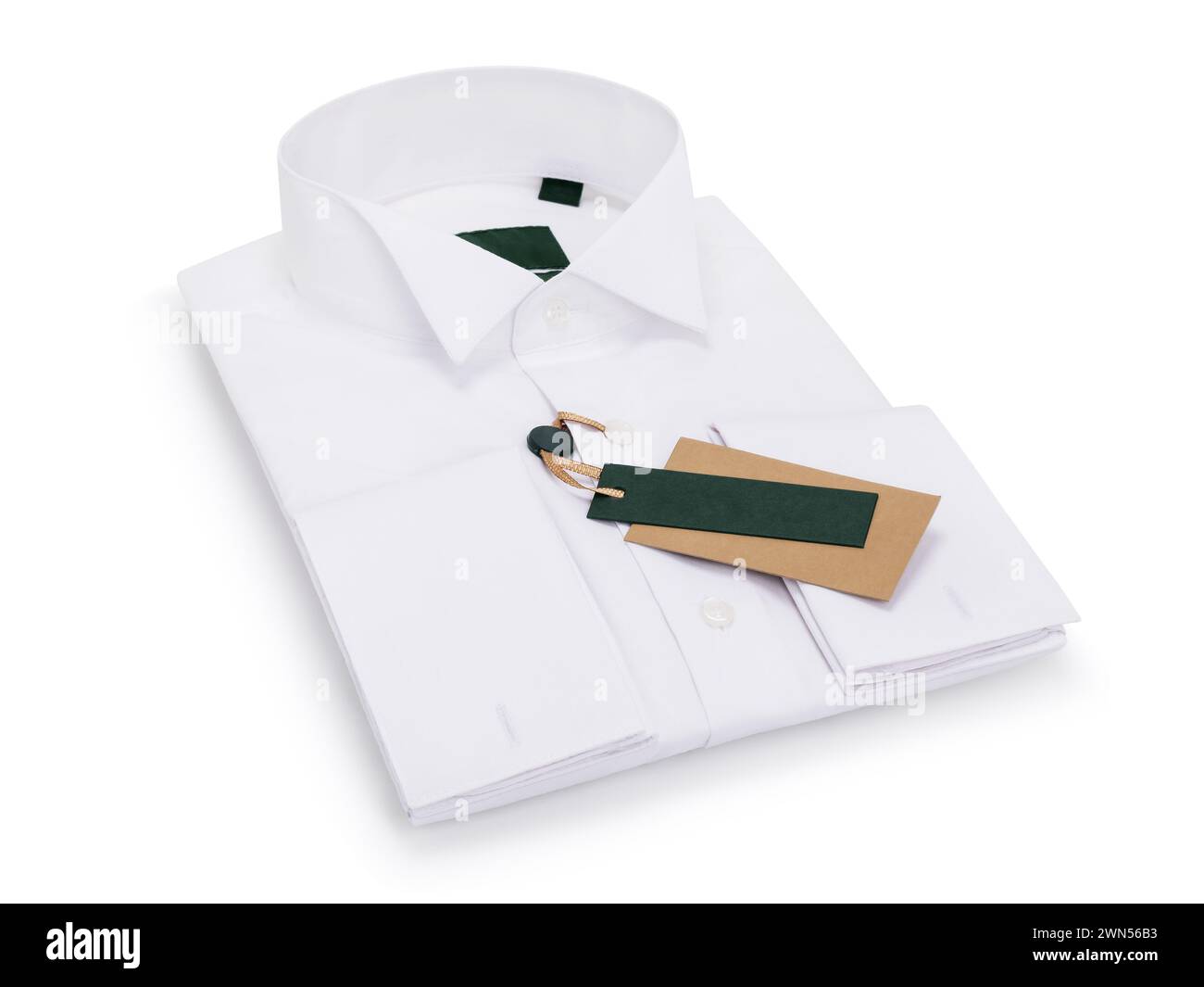 White folded men's shirt with long sleeves and stand collar isolated on ...