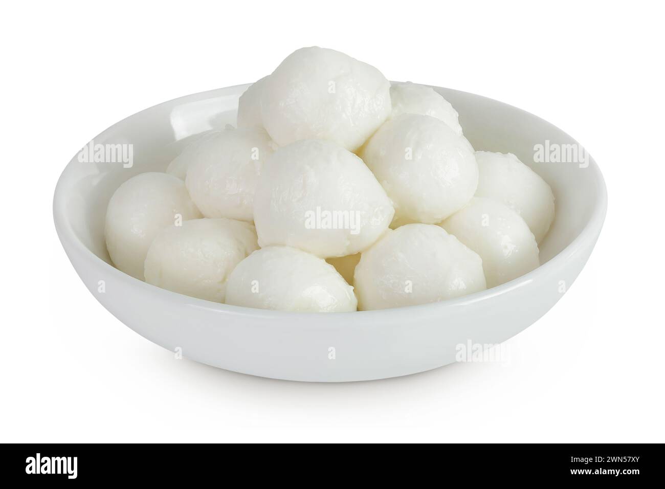 Mini mozzarella balls in a ceramic bowl isolated on white background ...