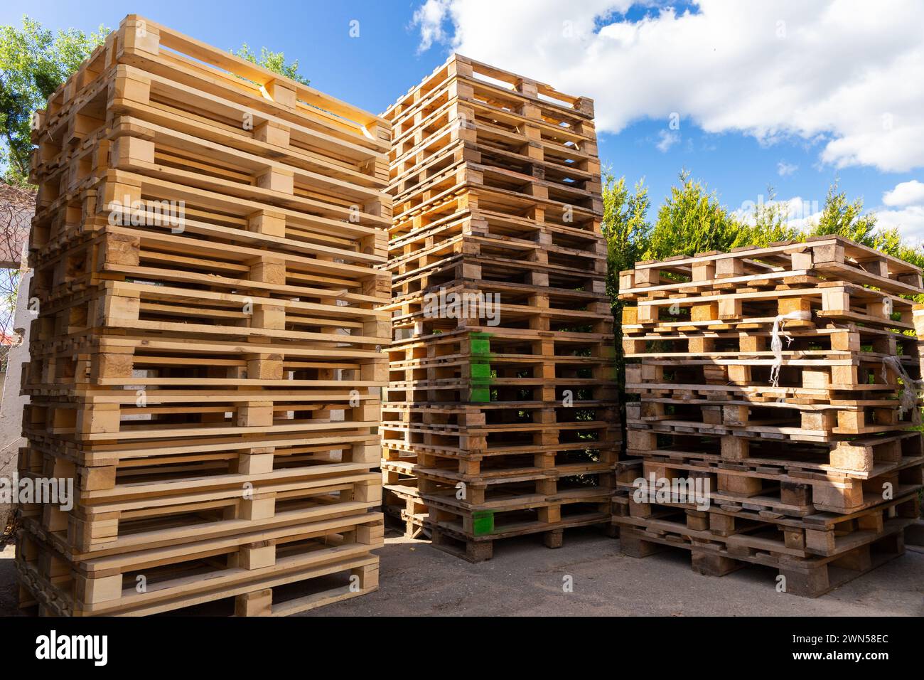 Piles of stacked natural wooden shipping pallets. Outside a big stack ...
