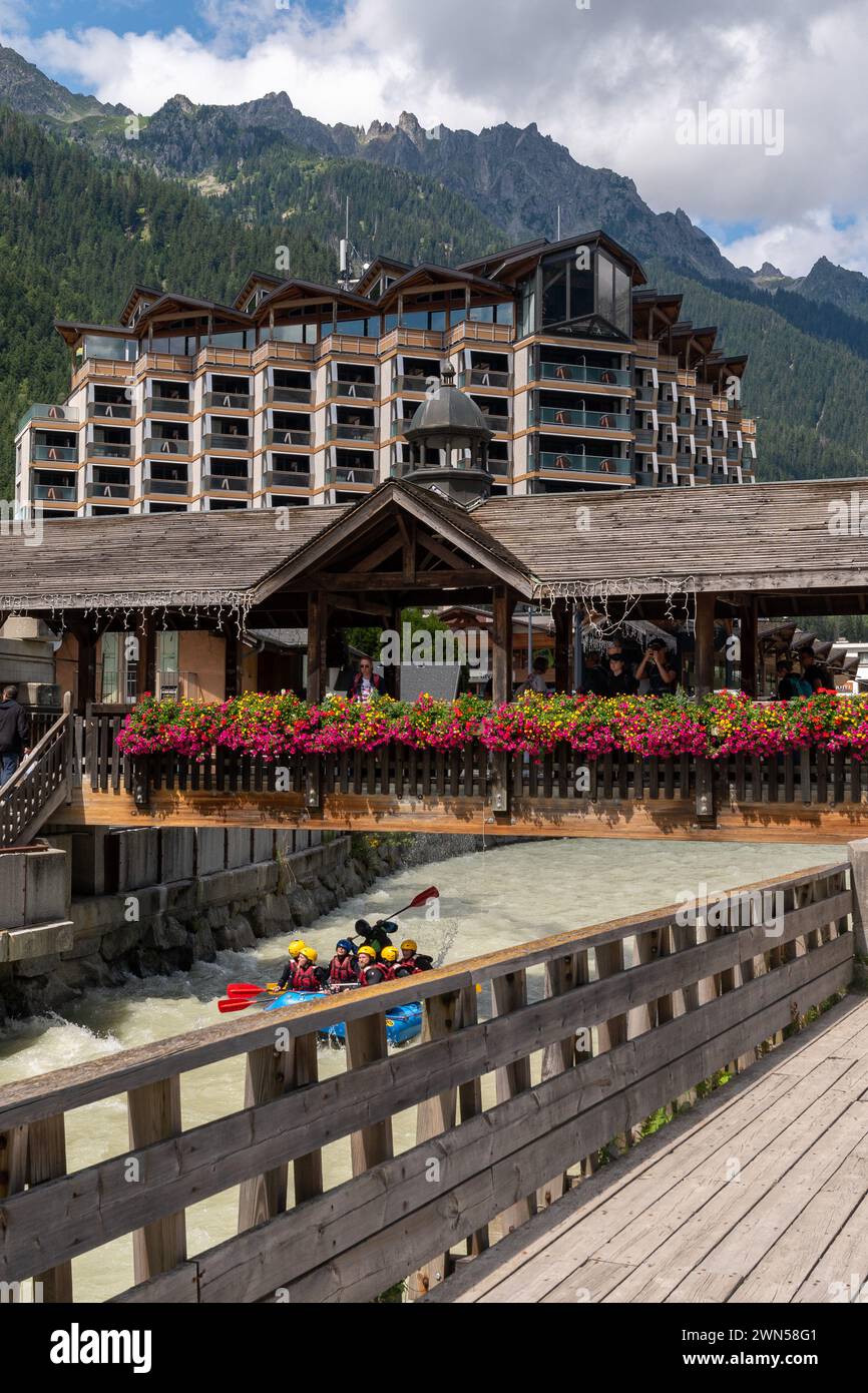 Rafting on the Arve River through the centre of the alpine town with ...