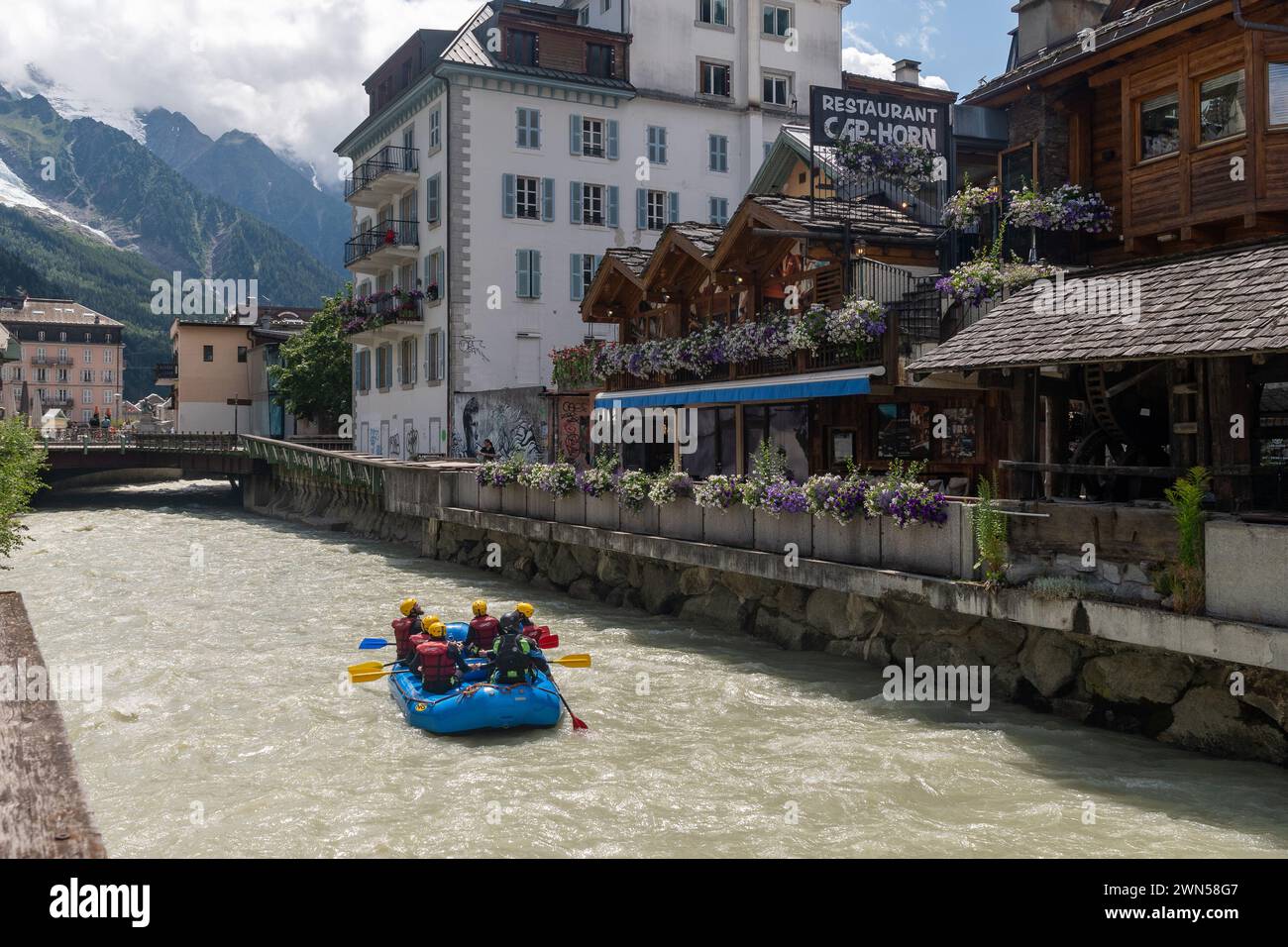 Rafting on the Arve River through the centre of the alpine town with ...
