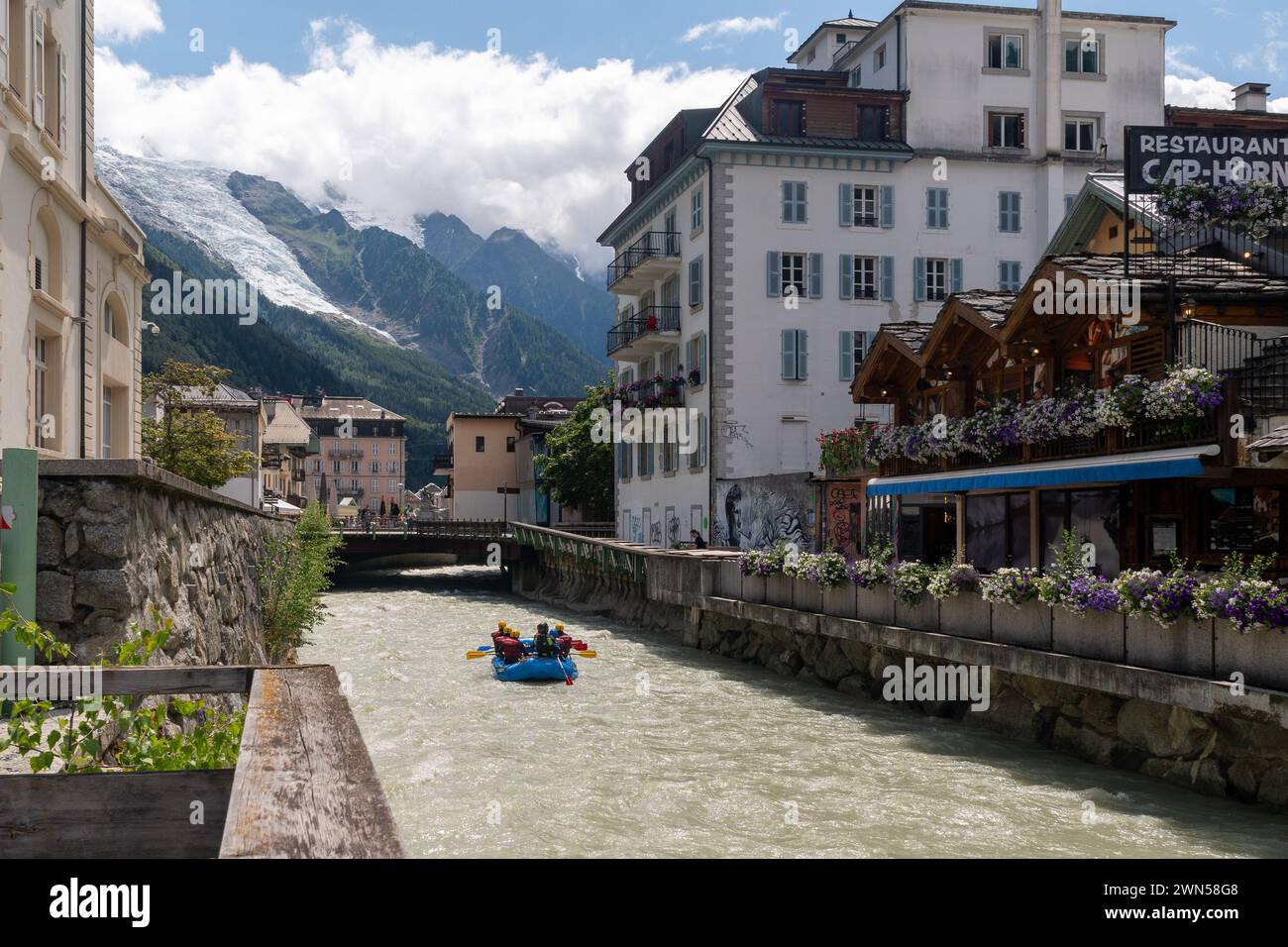 Rafting on the Arve River through the centre of the alpine town with ...