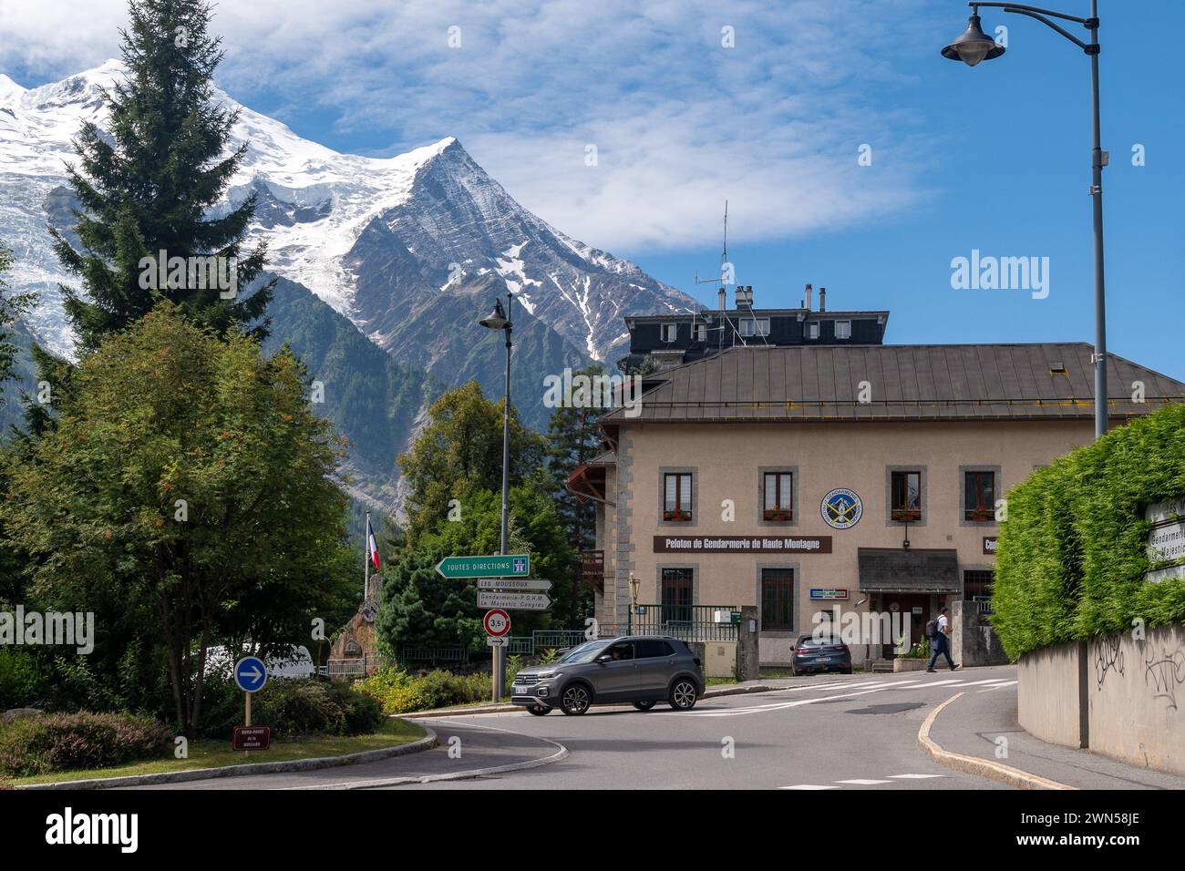Chamonix High Mountain Rescue building with Mont Blanc mountain in the ...