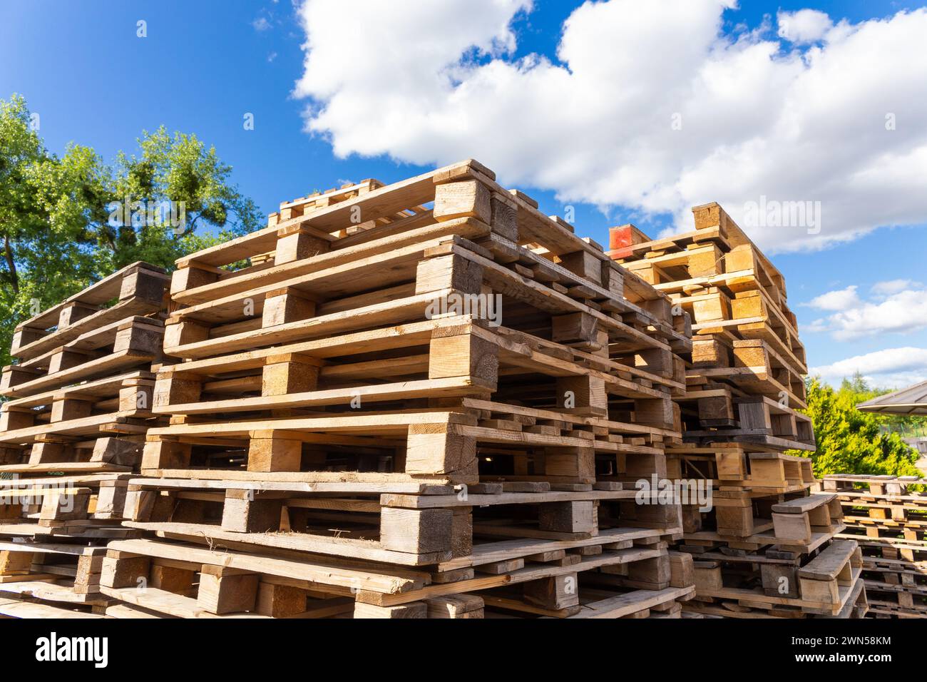 Piles of stacked natural wooden shipping pallets. Outside a big stack ...