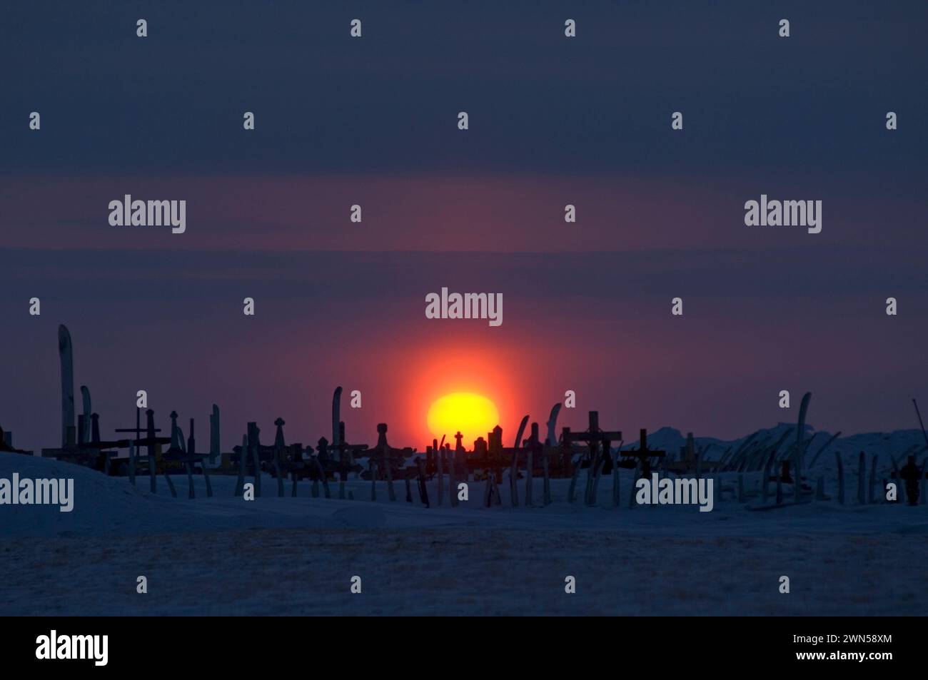 Sunset over graveyard site marked by whale rib bones outside the oldest ...