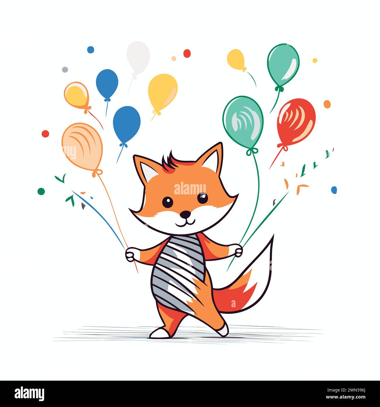 Cute fox with colorful balloons on white background. Vector ...