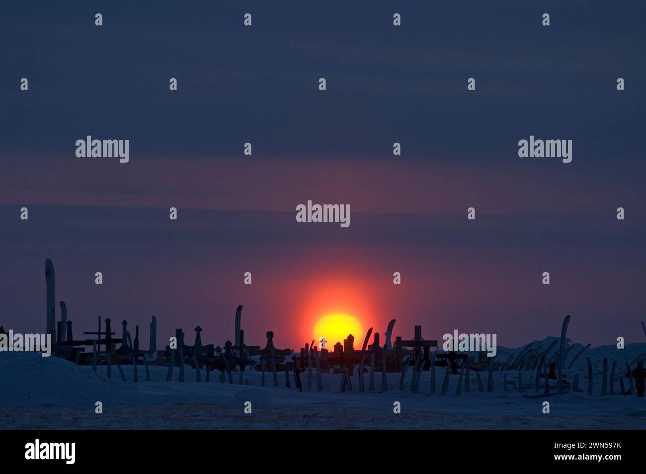 Sunset over graveyard site marked by whale rib bones outside the oldest ...