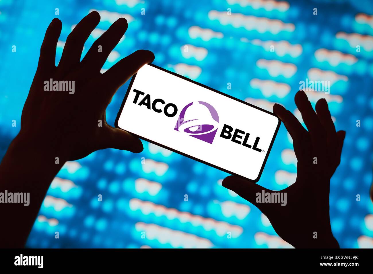 In this photo illustration, the Taco Bell logo is displayed on a ...
