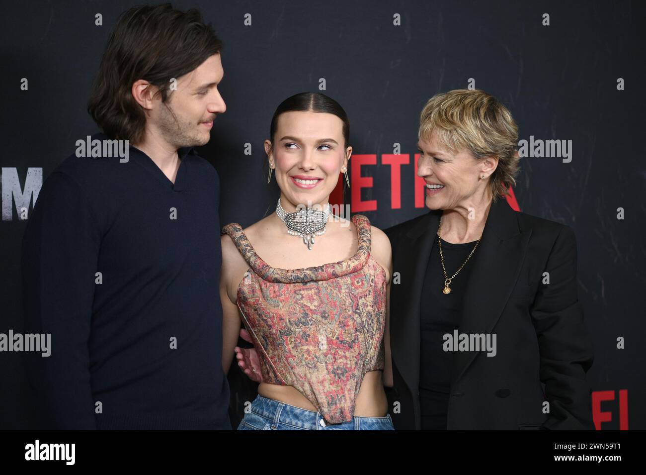 New York, USA. 29th Feb, 2024. (L-R) Actors Nick Robinson, Millie Bobby ...