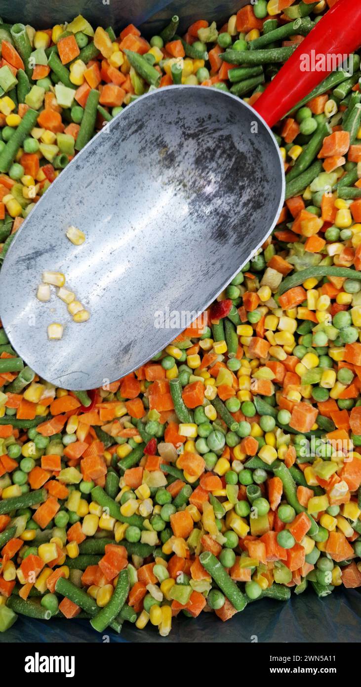 Frozen vegetables in a store, close-up. A mix of vegetables is sold in ...