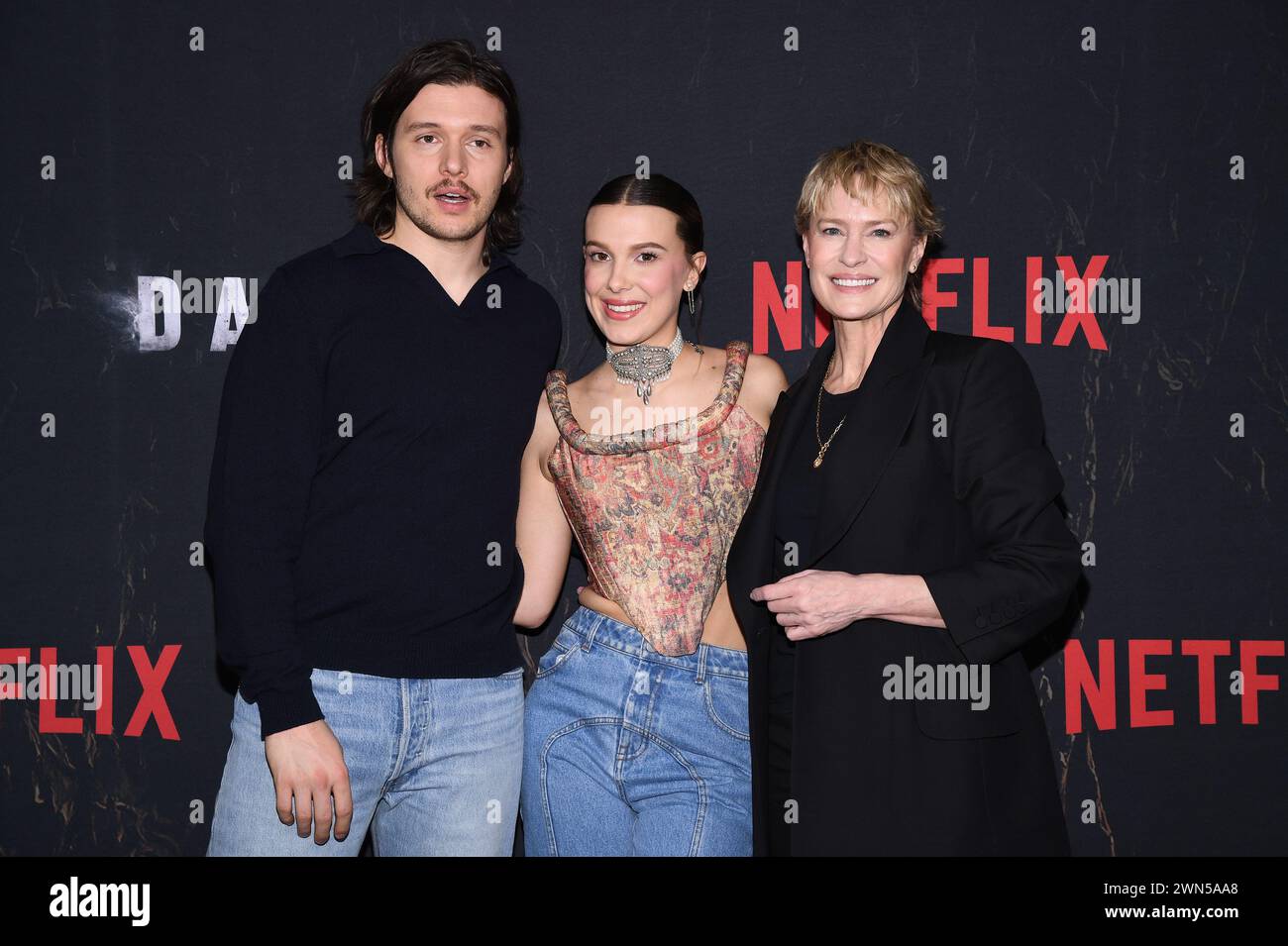 New York, USA. 29th Feb, 2024. (L-R) Actors Nick Robinson, Millie Bobby ...