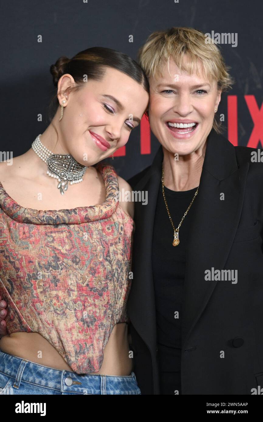 New York, USA. 29th Feb, 2024. (L-R) Millie Bobby Brown and Robin ...