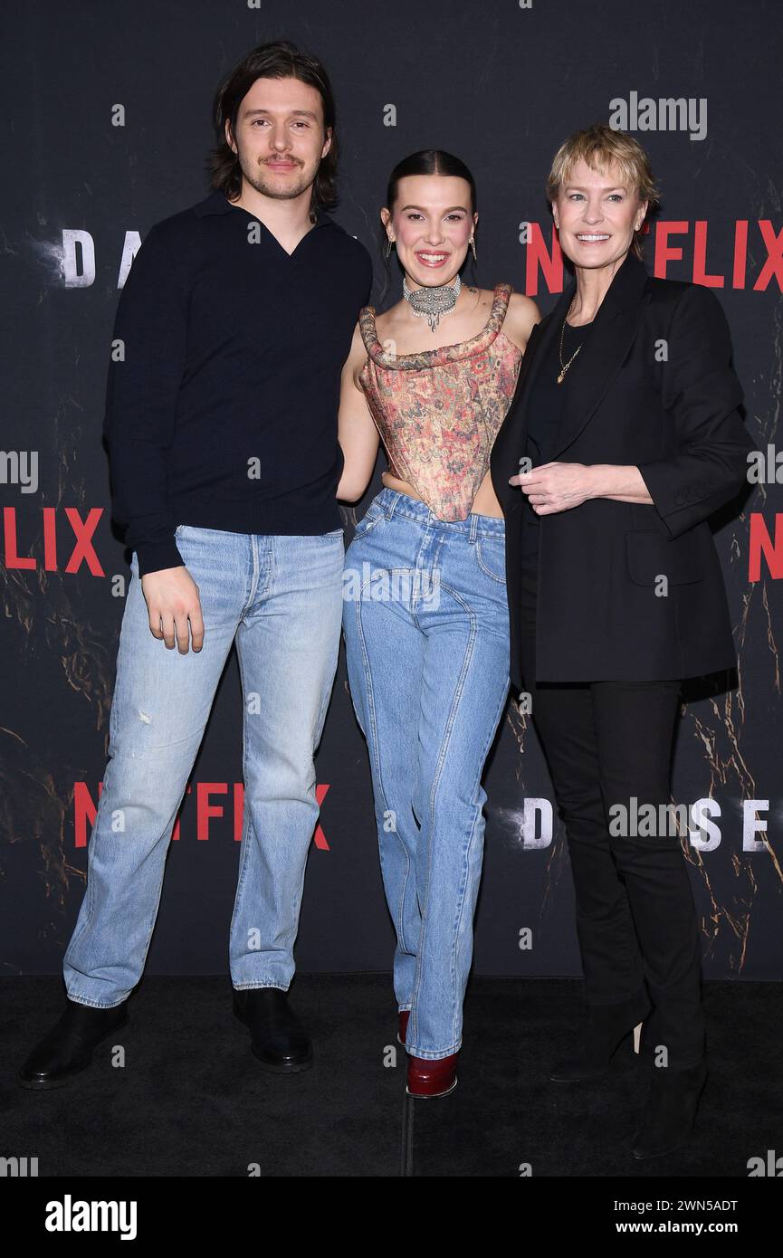 New York, USA. 29th Feb, 2024. (L-R) Actors Nick Robinson, Millie Bobby ...
