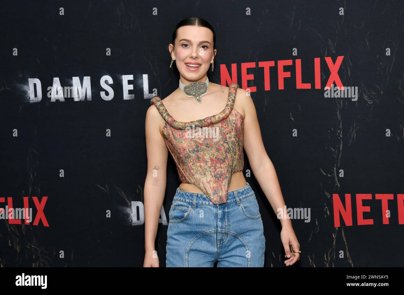 Millie Bobby Brown poses at the Netflix "Damsel" photo call at the Plaza Hotel on Thursday, Feb ...