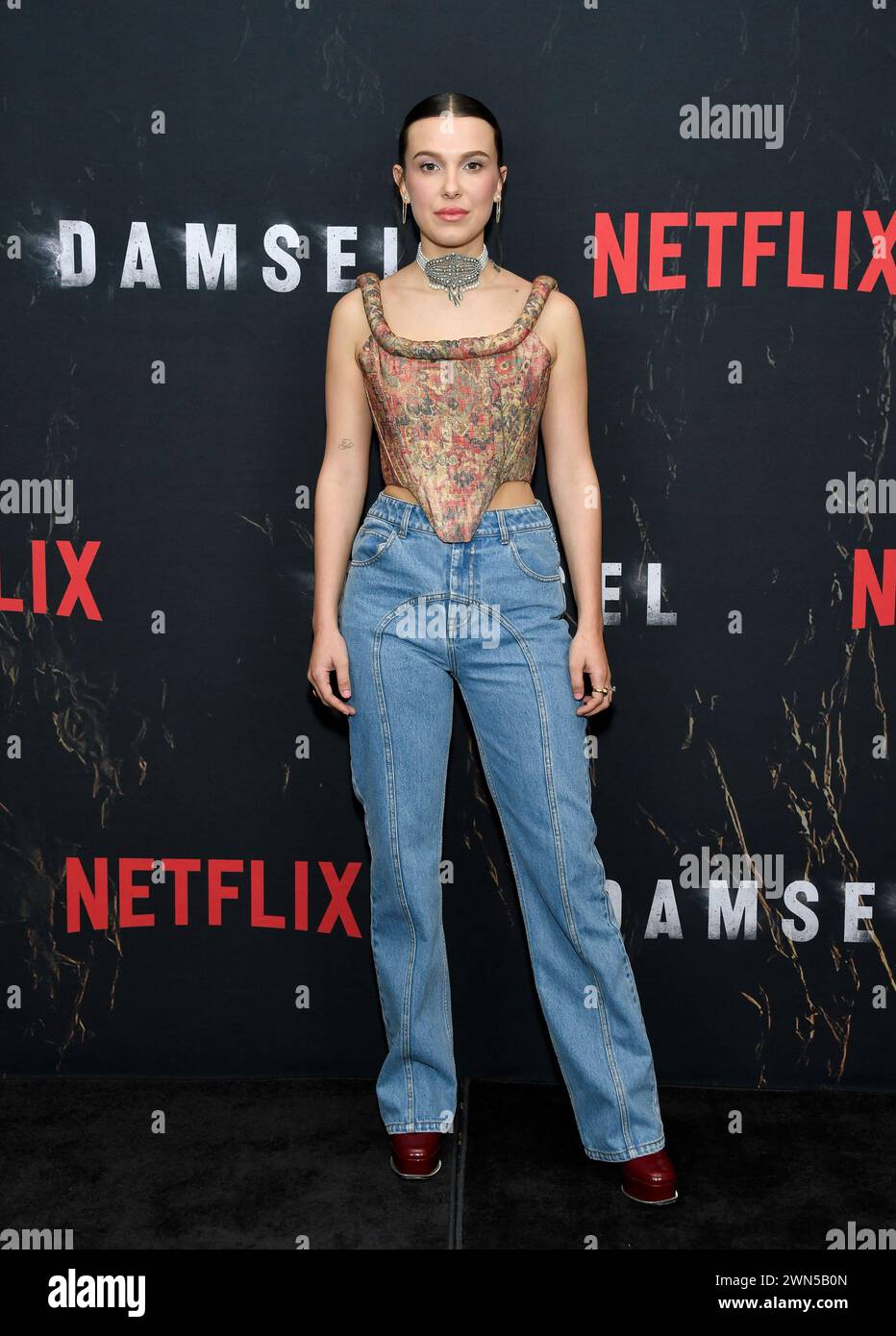 Millie Bobby Brown poses at the Netflix "Damsel" photo call at the Plaza Hotel on Thursday, Feb ...