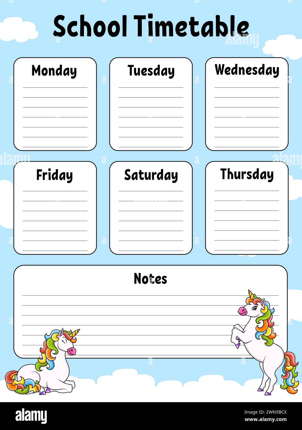 School timetable with magic unicorn. For the education of children ...