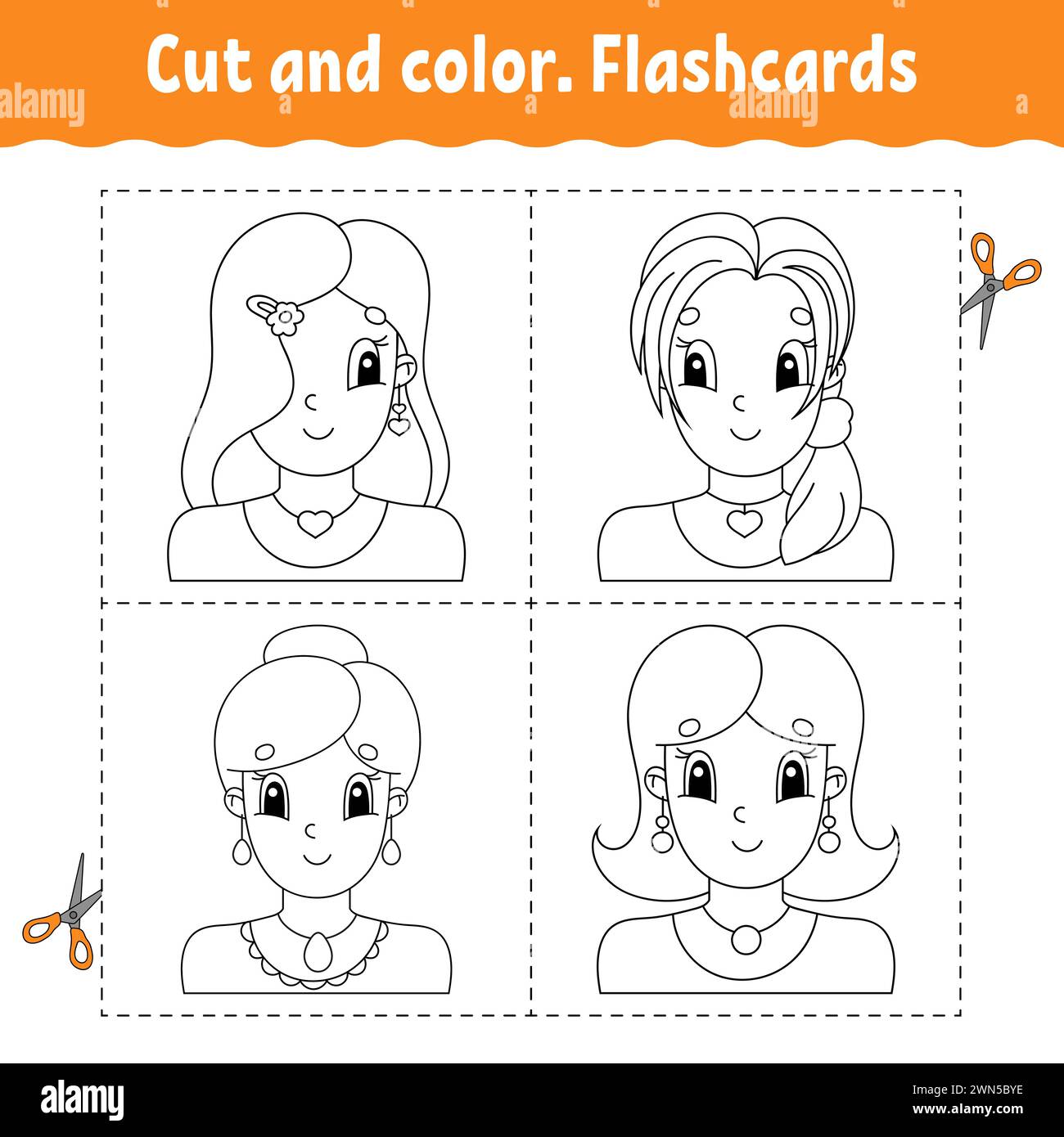 Cut and color. Flashcard Set. Coloring book for kids. Cute cartoon ...