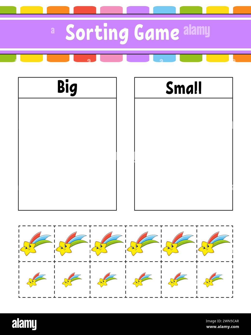 Sorting game for children. Happy characters. Big and small. Education worksheet. Vector ...