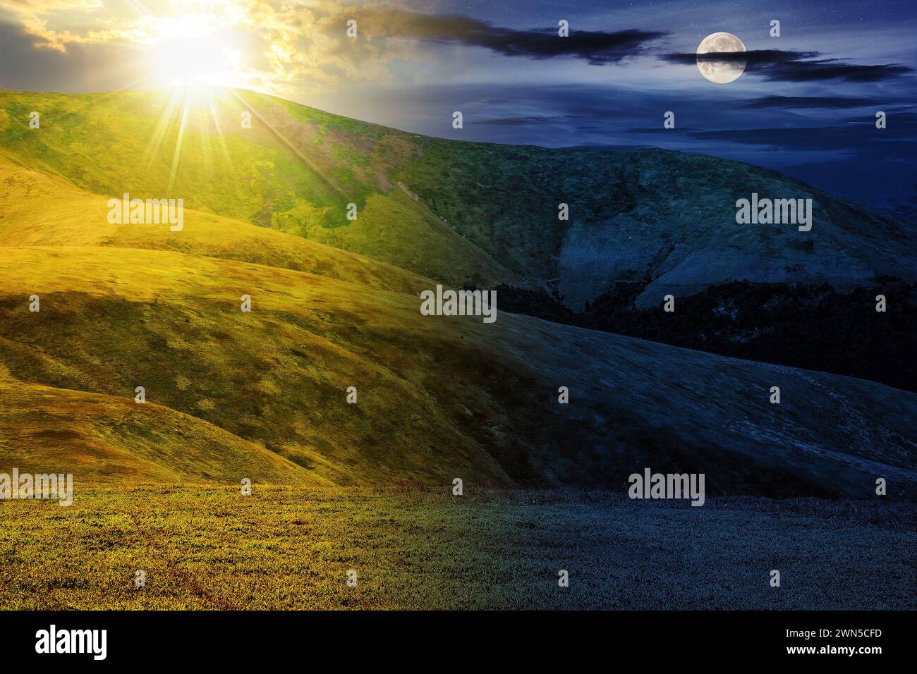 alpine meadow on the top of carpathian mountain range with sun and moon ...
