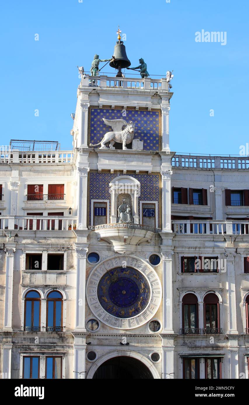 Venice, VE, Italy - February 13, 2024: tower with winged lion and big ...