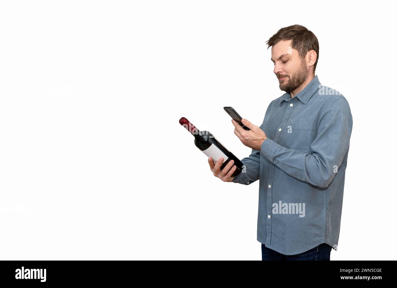 Isolation man in casual clothing retail customer scanning e-label of ...