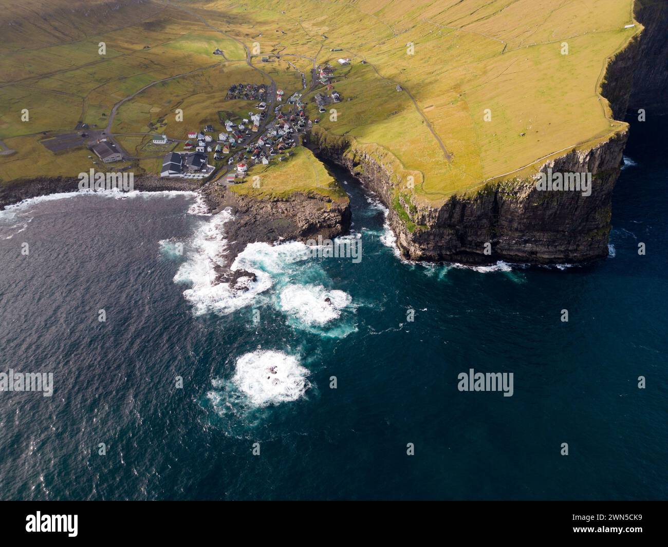 Aerial view of Gjogv and the beautiful cliffs, Faroe islands Stock ...